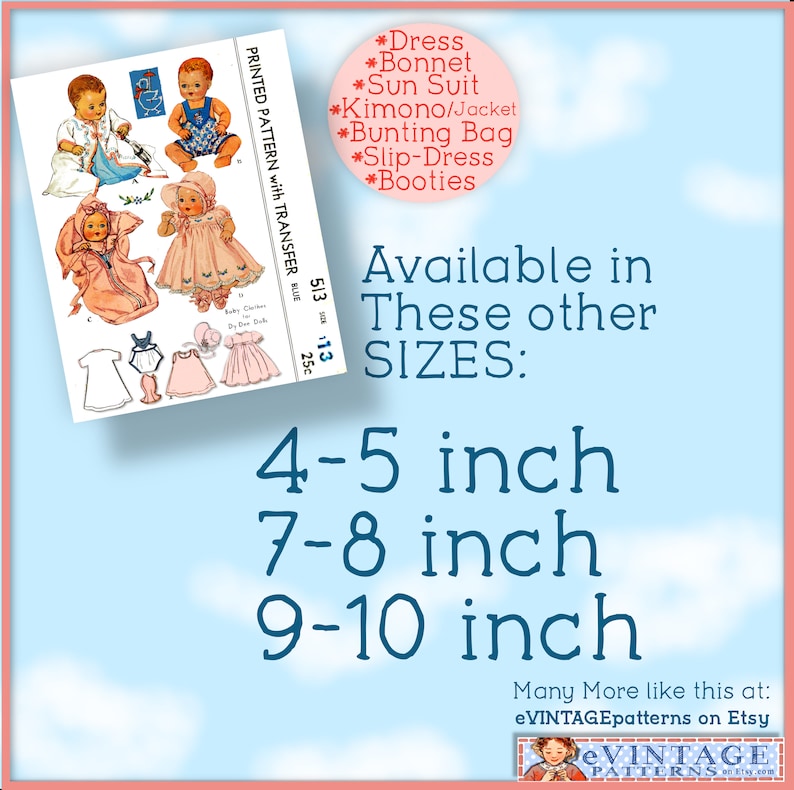 7 and 8 Inch Baby Doll 8pc Doll Clothes Vintage Pattern Dress Bonnet ...