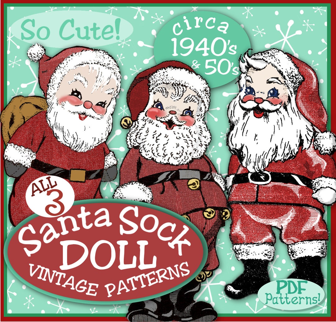 3 SANTA SOCK DOLLS Vintage E-patterns 3 Versions Circa 1940s-50s Xmas ...