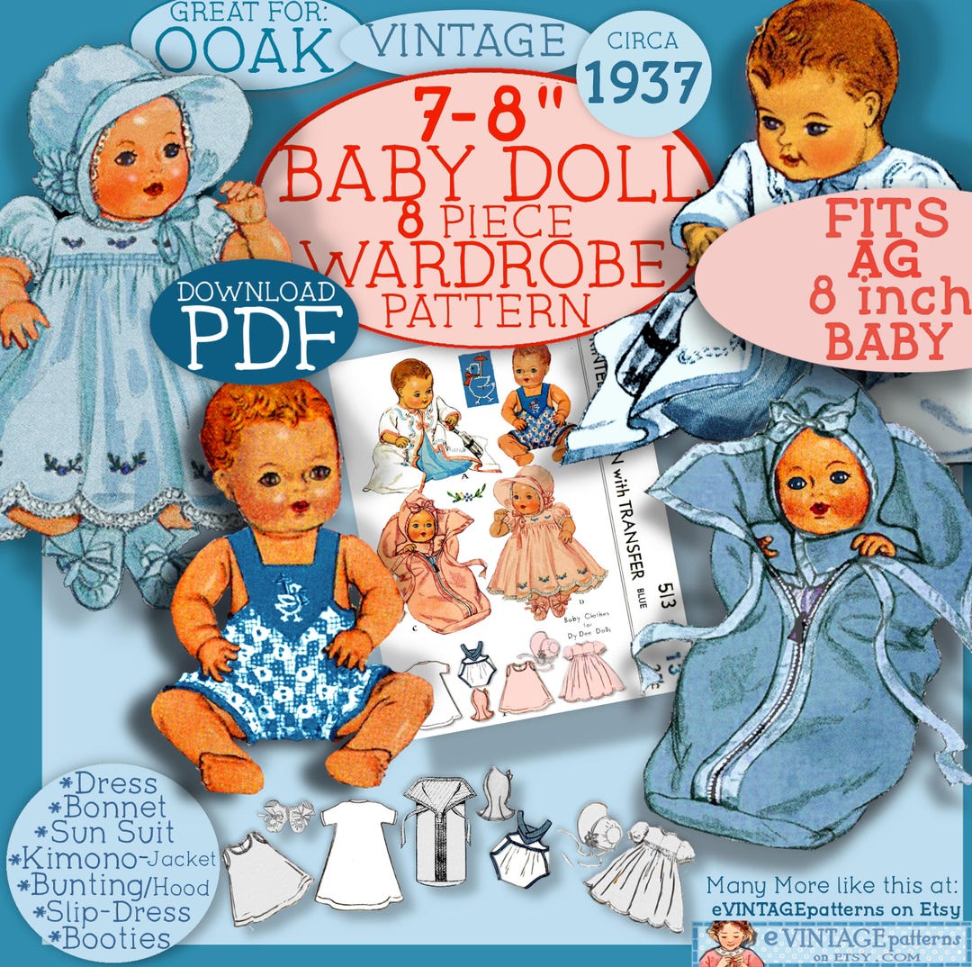 7 and 8 Inch Baby Doll 8pc Doll Clothes Vintage Pattern Dress Bonnet ...