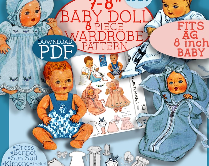 7 and 8 Inch Baby Doll 8pc Doll Clothes Vintage Pattern Dress Bonnet ...