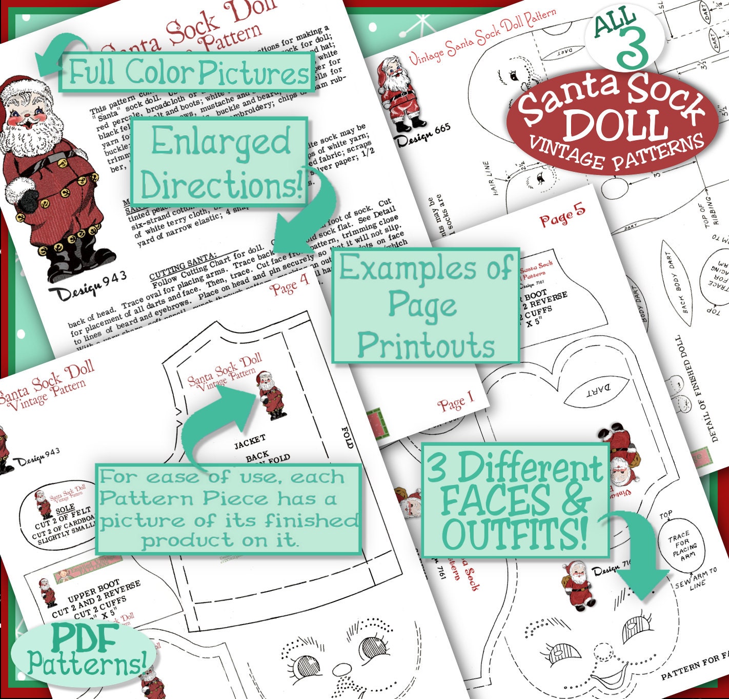 3 SANTA SOCK DOLLS Vintage E-patterns 3 Versions Circa 1940s-50s Xmas ...