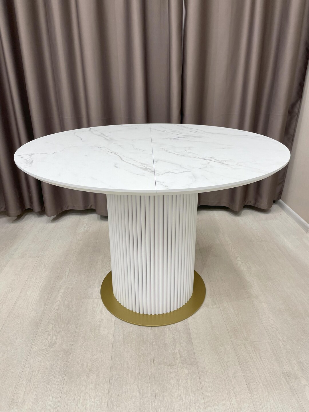 Modern Round Dining Table | HPL Murmur Krystal | Beech Wood Base ...