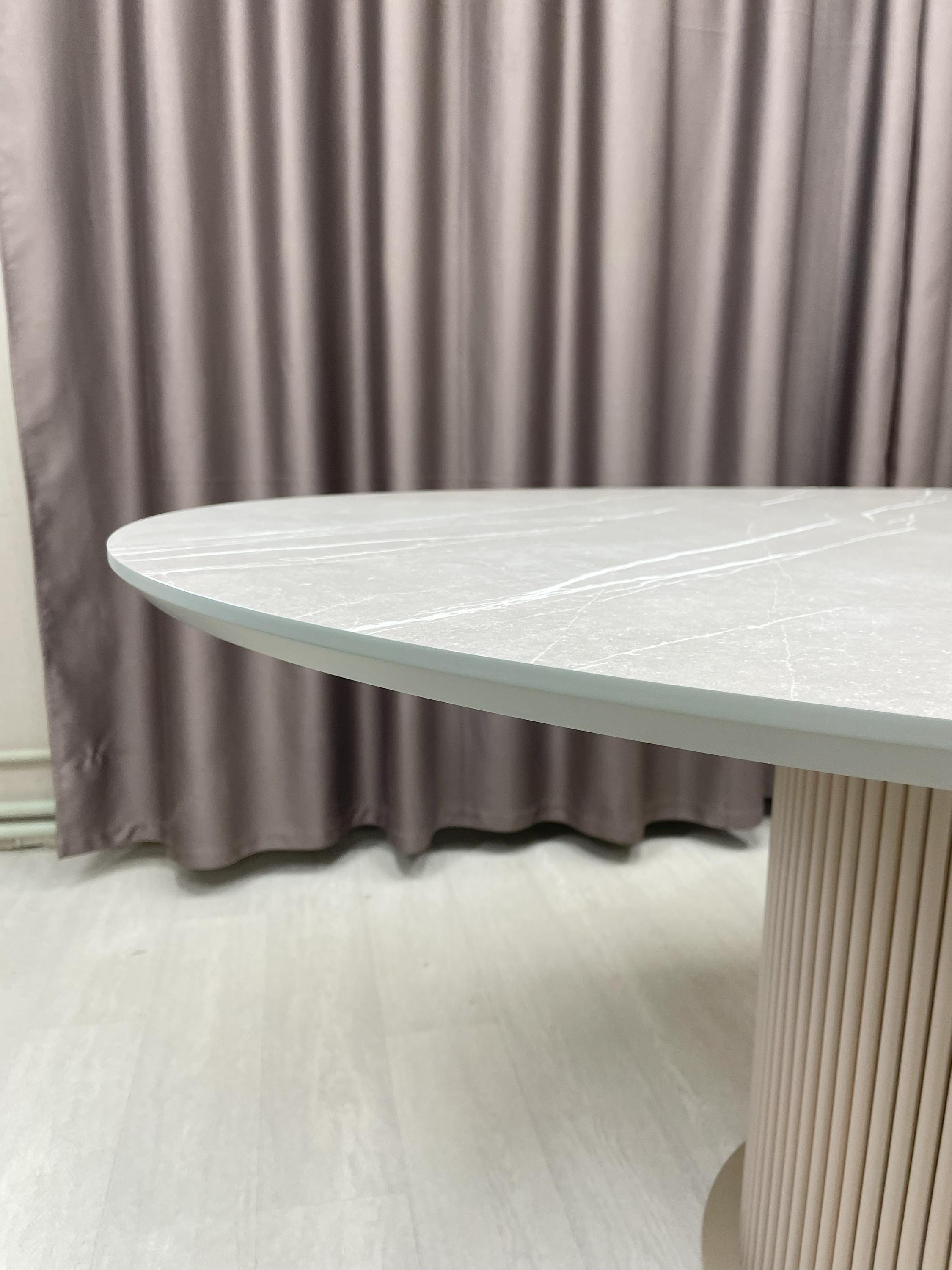 Expandable Round Dining Table: HPL Top, Green Fluted Base, Japandi ...