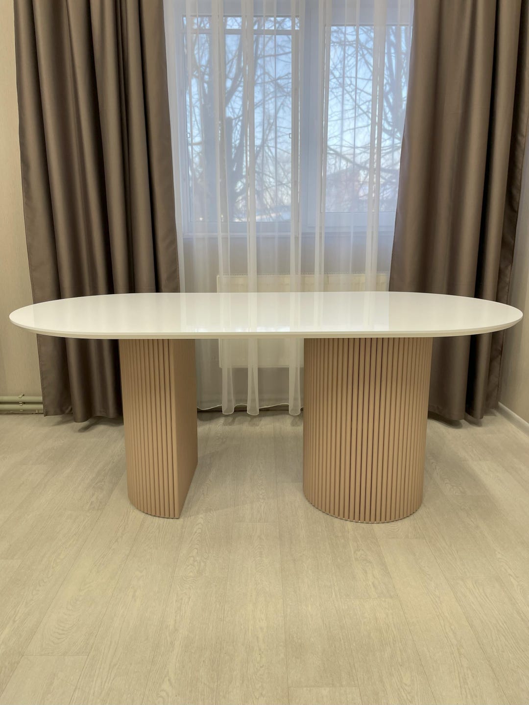 Handmade Oval Dining Table: HPL Top, Solid Wood Base, Modern Art Deco ...