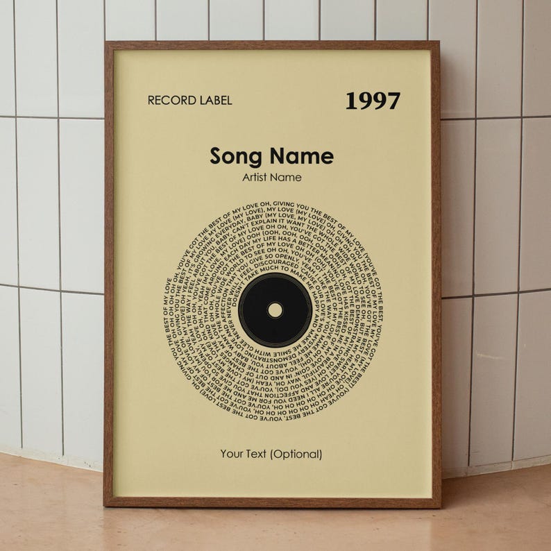 Custom Vinyl Lyrics Print, Framed Song Poster, Customizable Music Gift ...