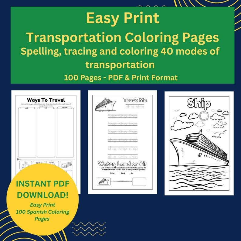 Transportation Coloring Book: 105 Activity Pages (digital Download PDF ...