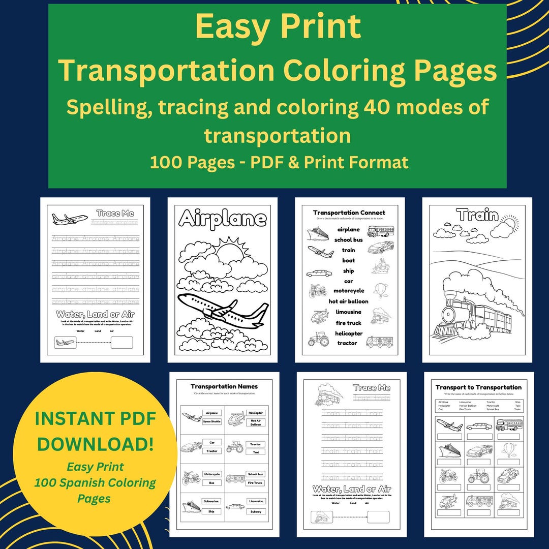 Transportation Coloring Book: 105 Activity Pages (digital Download PDF ...
