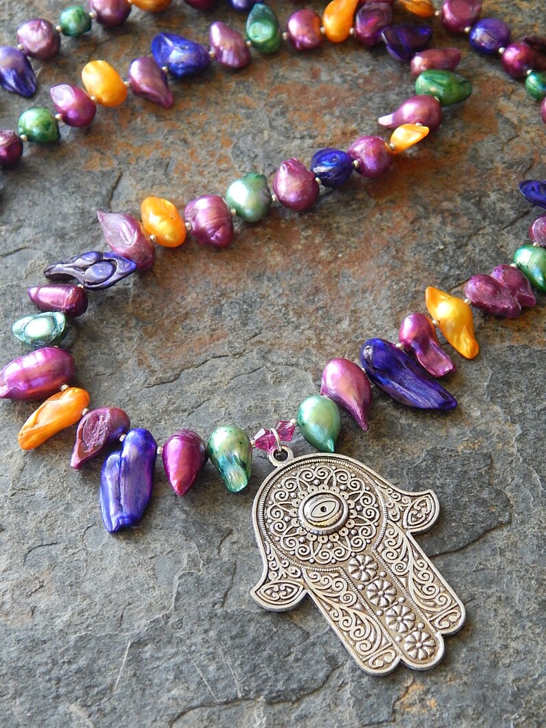 Hamsa Statement Necklace - Colorful Freshwater Pearl Necklace - Fuchsia ...