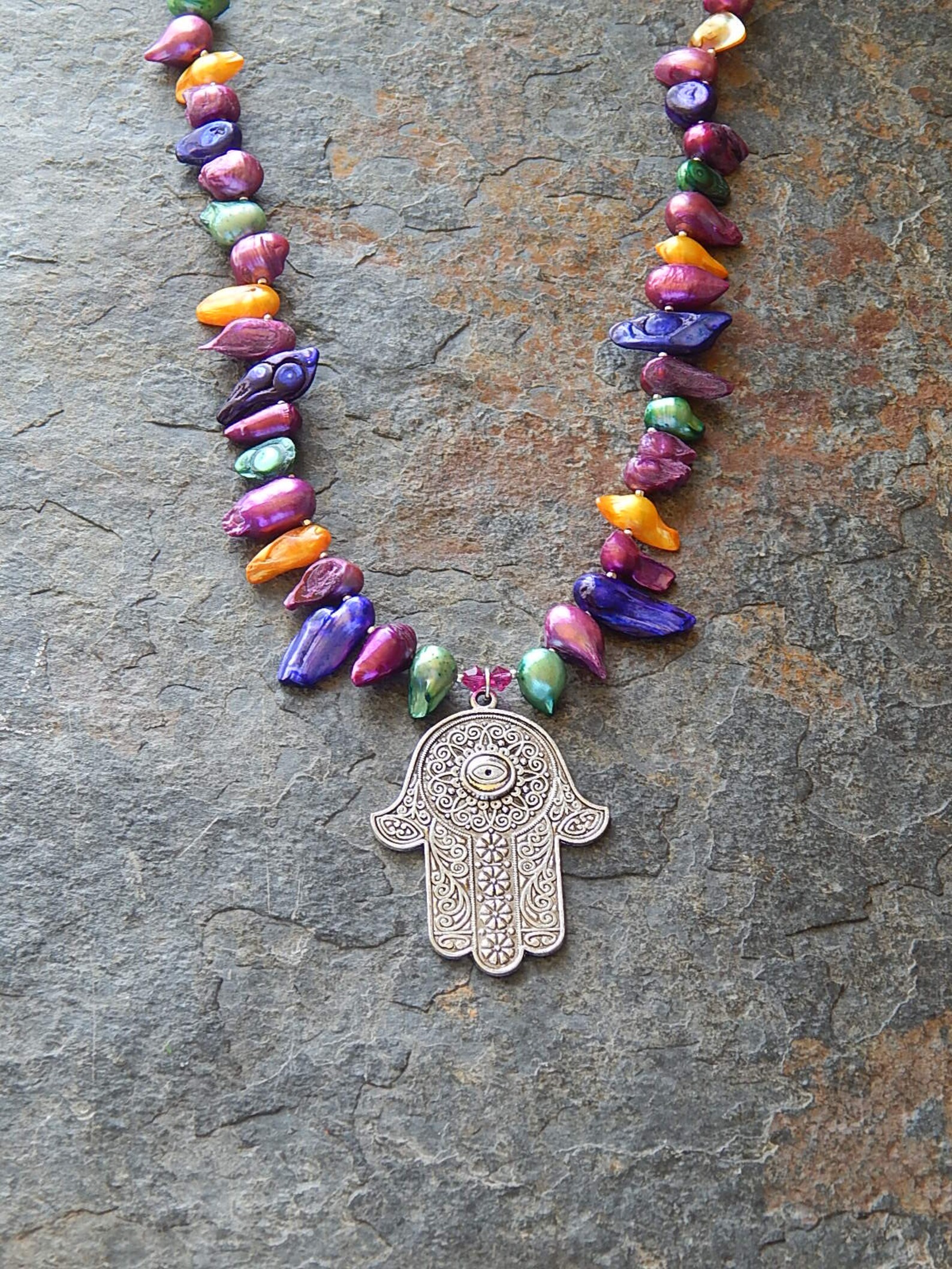 Hamsa Statement Necklace - Colorful Freshwater Pearl Necklace - Fuchsia ...