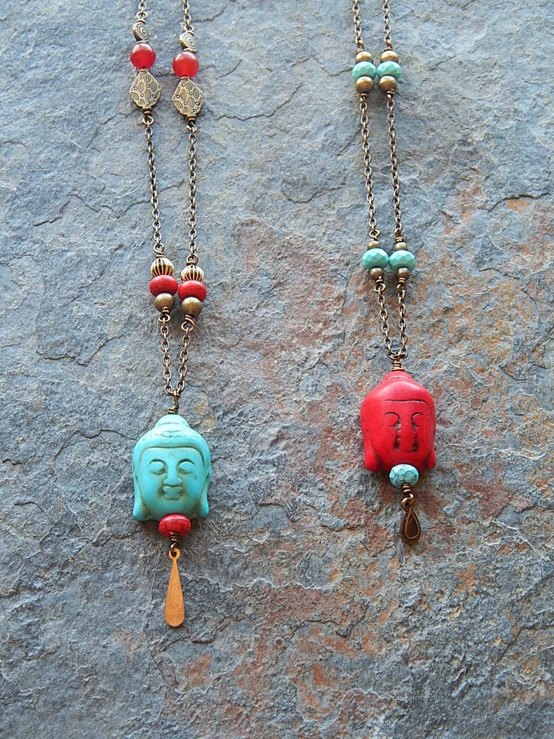 Buddha Necklace - Long Beaded Chain Necklace in Turquoise and Red ...