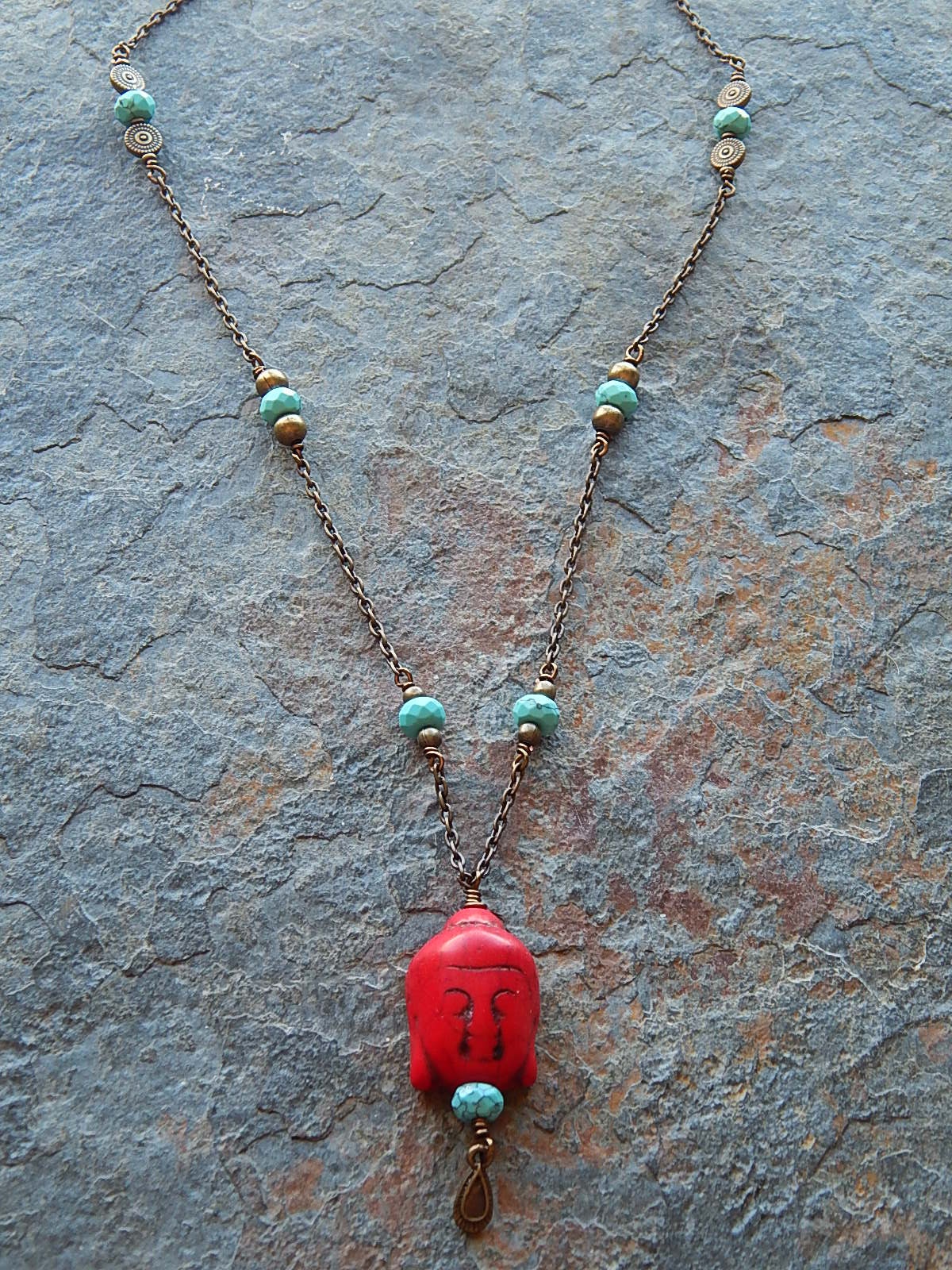 Buddha Necklace Long Beaded Chain Necklace in Red and Turquoise ...