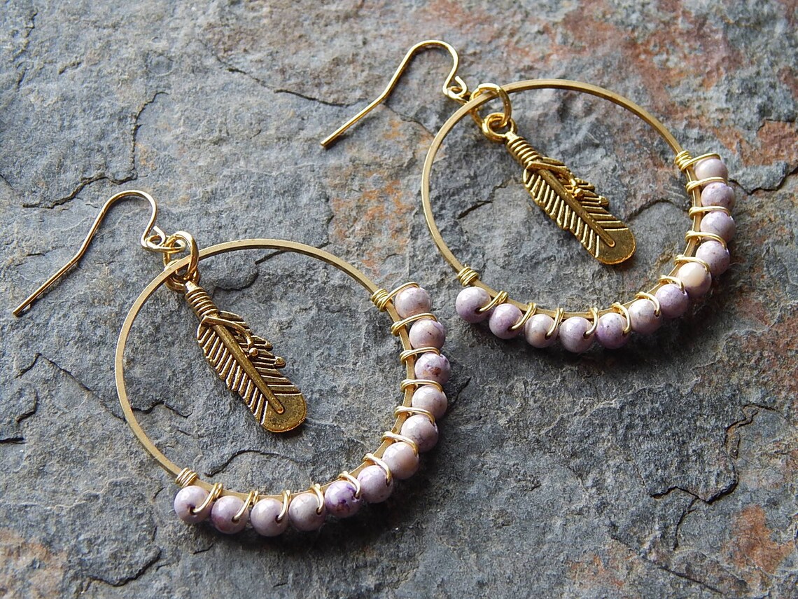 Beaded Hoop earrings wire wrapped hoops gold feather | Etsy