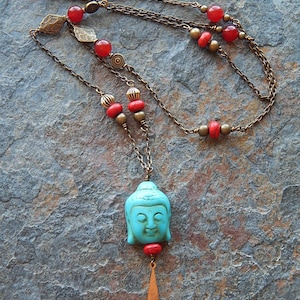 Buddha Necklace - Long Beaded Chain Necklace in Turquoise and Red ...
