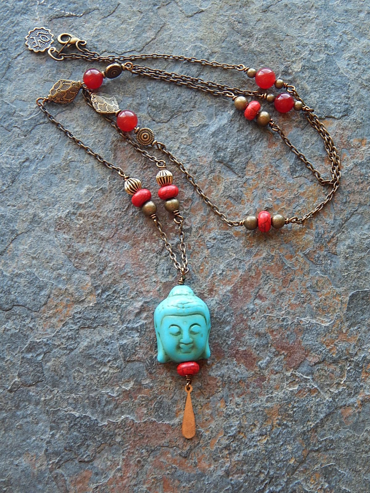Buddha Necklace - Long Beaded Chain Necklace in Turquoise and Red ...