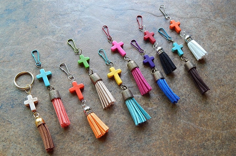 Cross Keychain - Stone Cross Tassel Charm - Zipper Pull - Cute Car ...