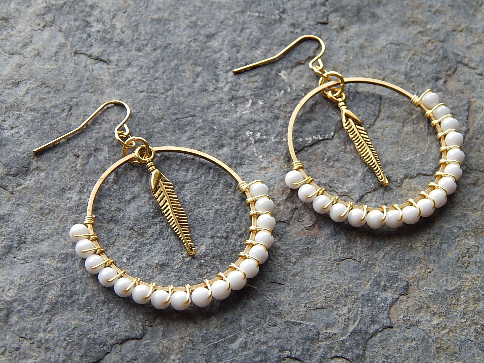 Beaded Hoop Earrings Wire Wrapped Hoops Gold Feather Earrings Boho ...
