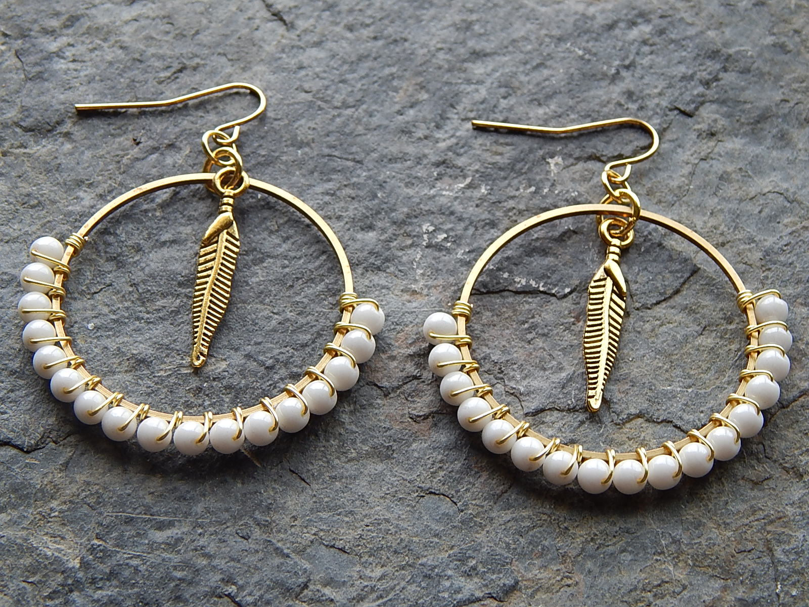 Beaded Hoop earrings wire wrapped hoops gold feather | Etsy