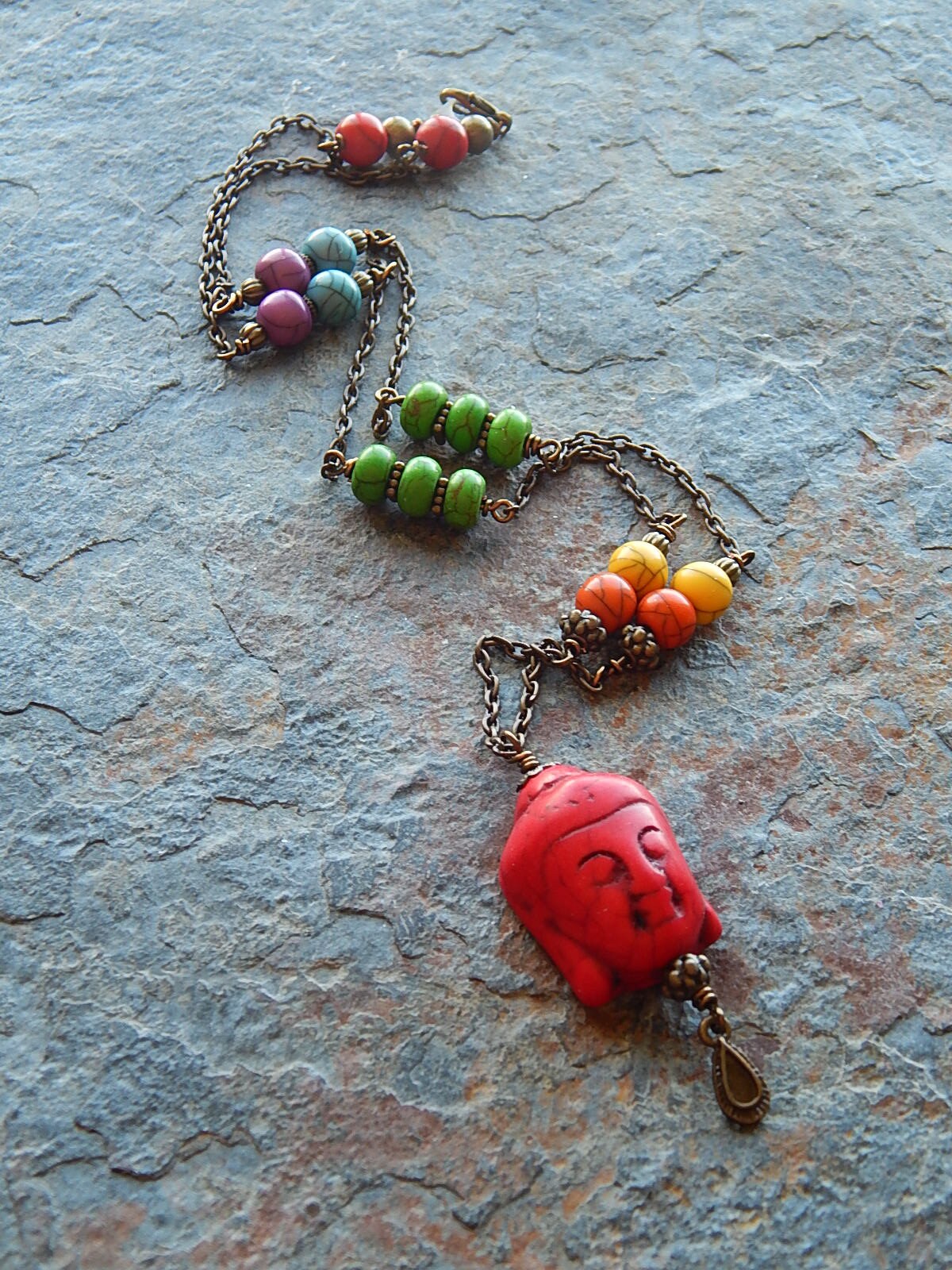 Buddha Necklace - Long Beaded Rainbow Chain Necklace - Chakra Necklace ...