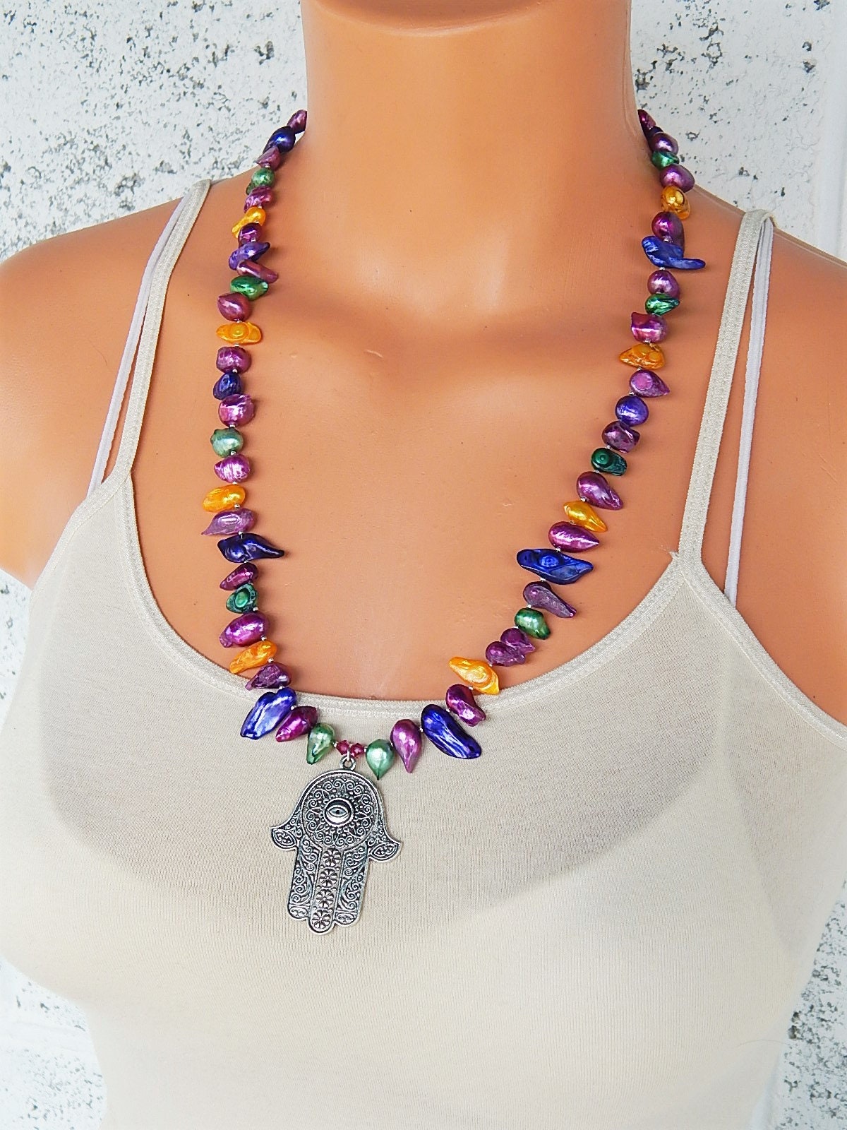 Hamsa Statement Necklace - Colorful Freshwater Pearl Necklace - Fuchsia ...