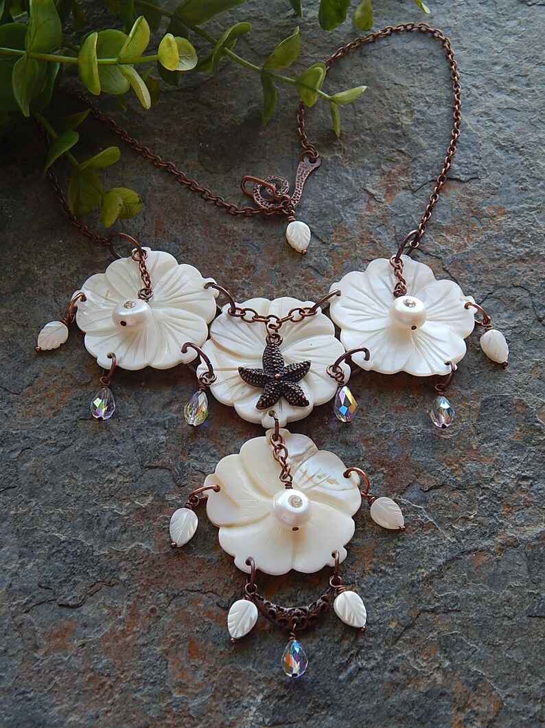 Seashell Statement Necklace Floral Starfish Bib Necklace for a Beachy Boho Bride Carved Shell ...
