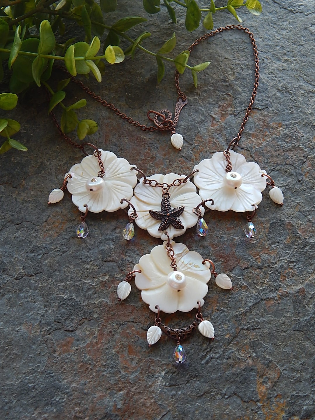 Seashell Statement Necklace Floral Starfish Bib Necklace for a Beachy Boho Bride Carved Shell ...