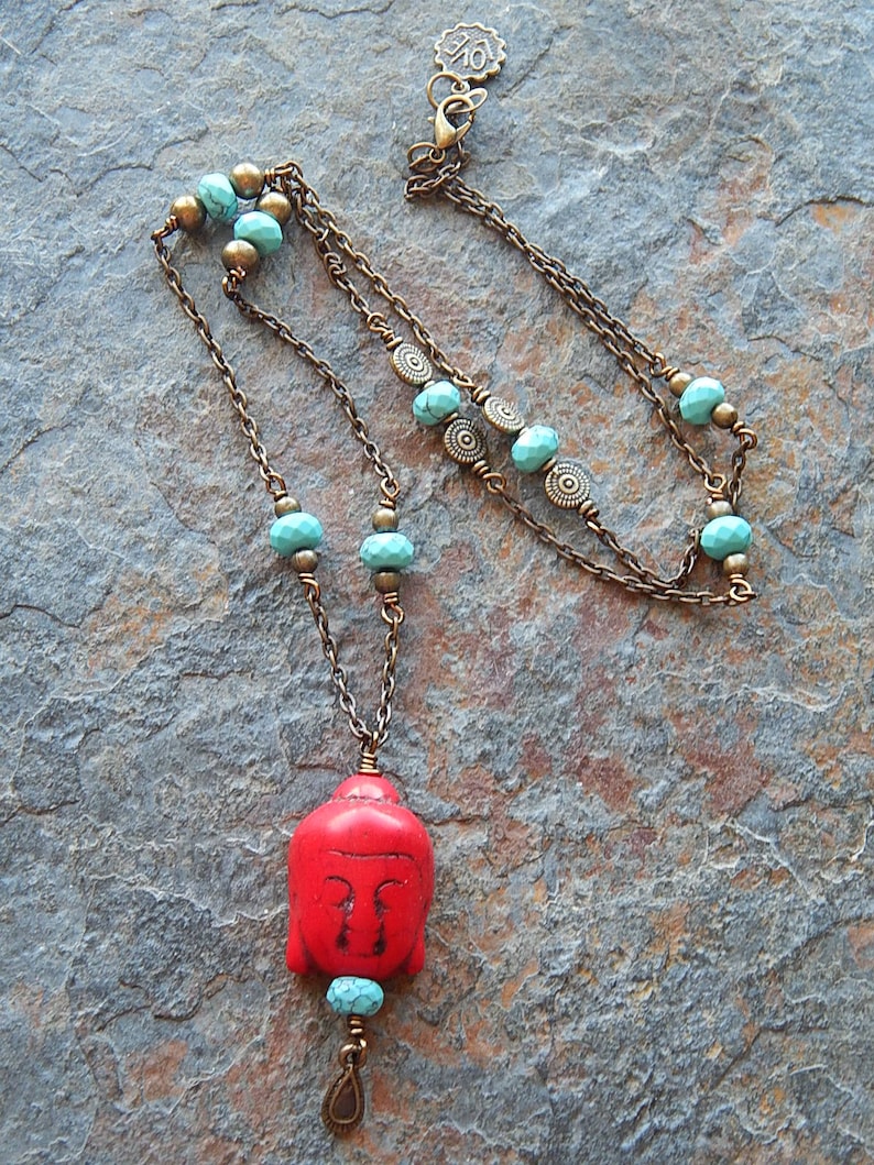 Buddha Necklace Long Beaded Chain Necklace in Red and Turquoise ...