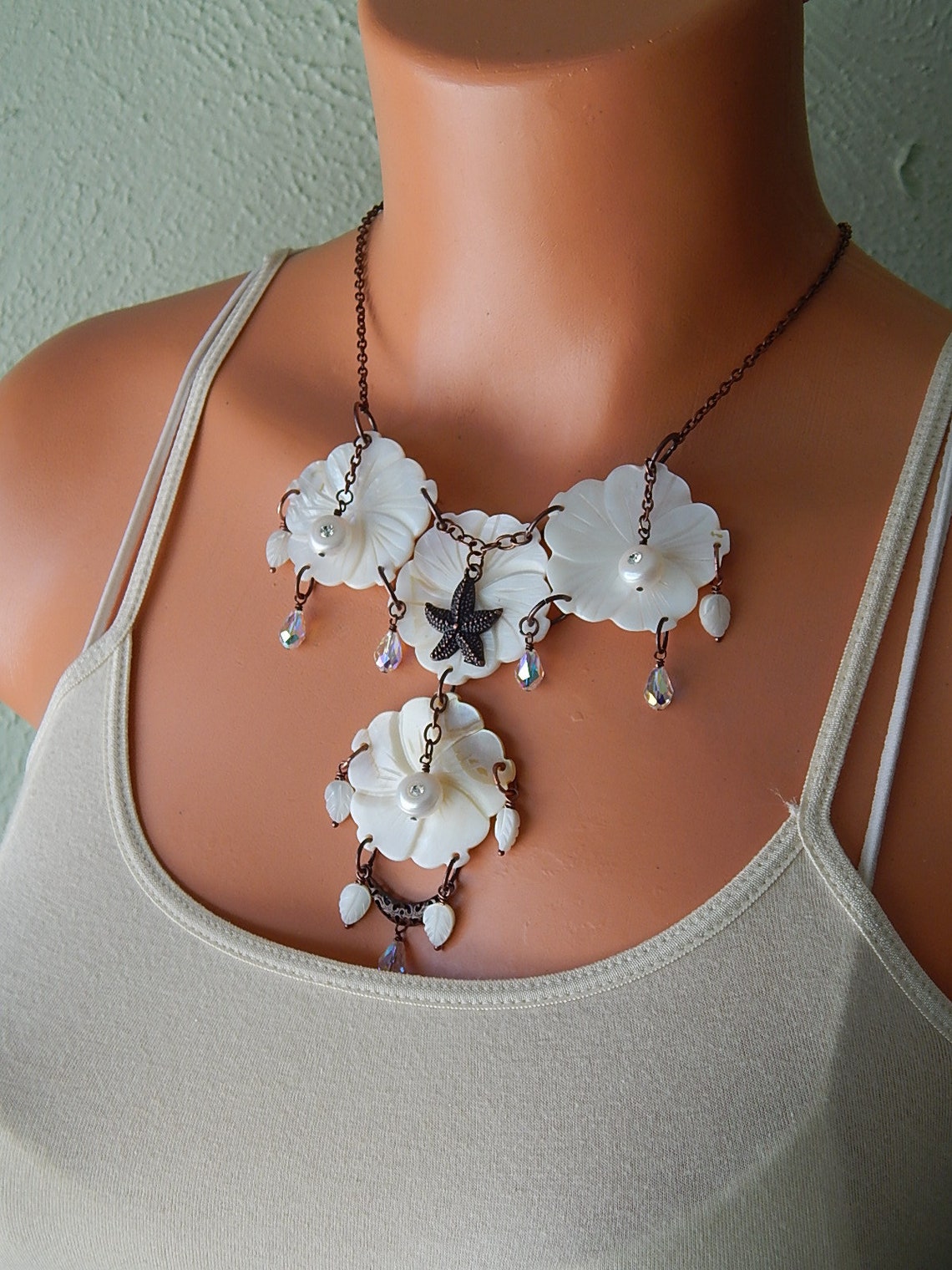 Seashell Statement Necklace Floral Starfish Bib Necklace for | Etsy