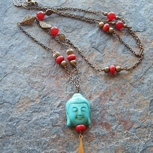 Buddha Necklace - Long Beaded Chain Necklace in Turquoise and Red ...