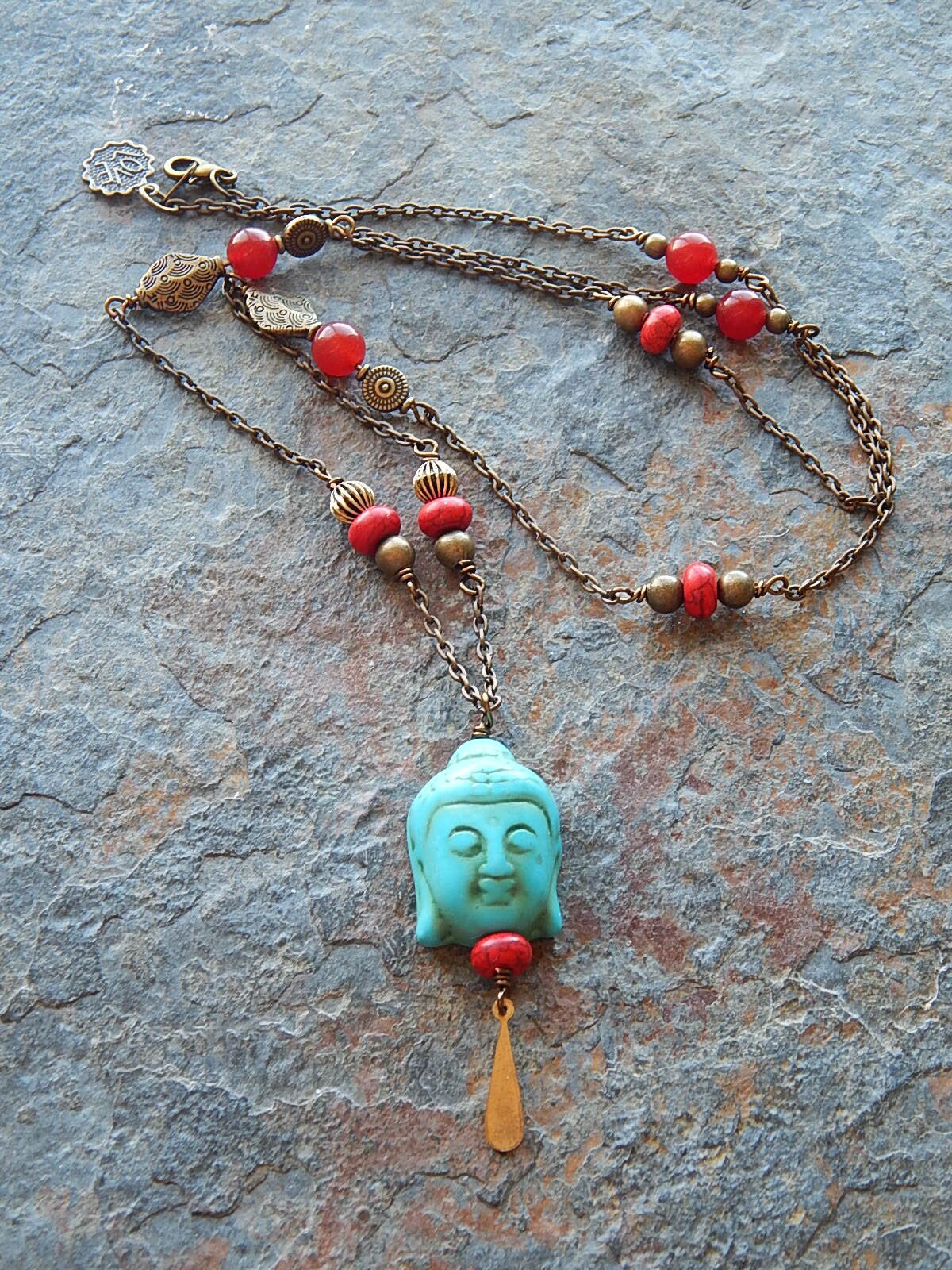 Buddha Necklace - Long Beaded Chain Necklace in Turquoise and Red ...