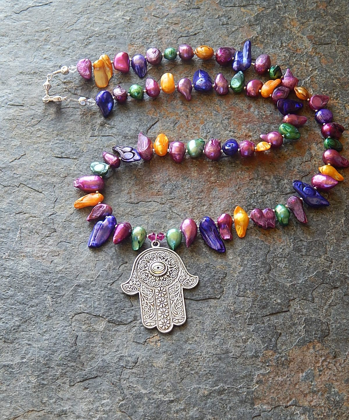 Hamsa Statement Necklace - Colorful Freshwater Pearl Necklace - Fuchsia ...