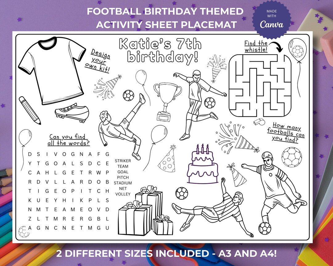 Birthday Football Soccer Colouring Page | Activity Sheet Placemat for ...