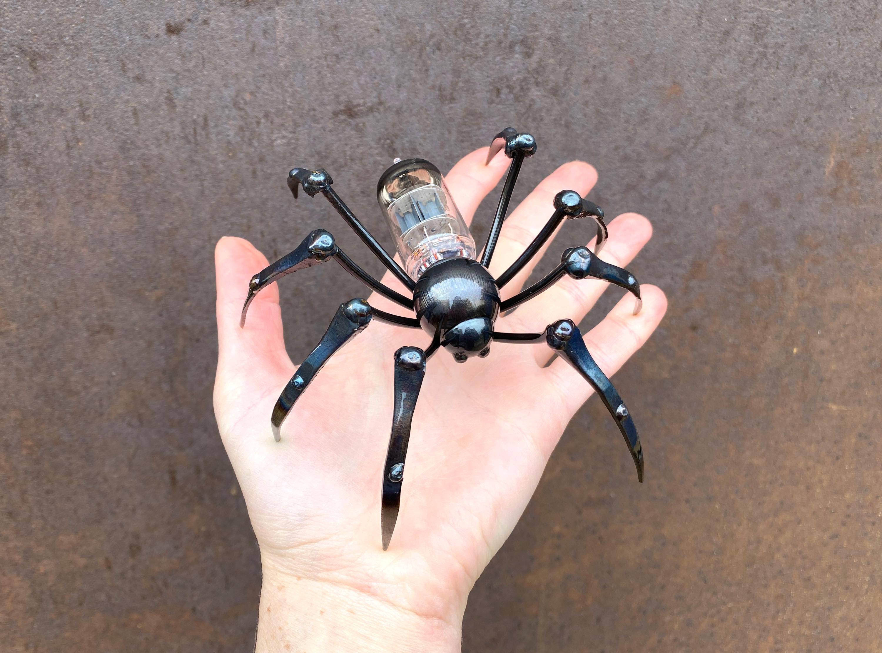Recycled Metal Spider Sculpture: Vacuum Tube Abdomen, Unique Welding ...