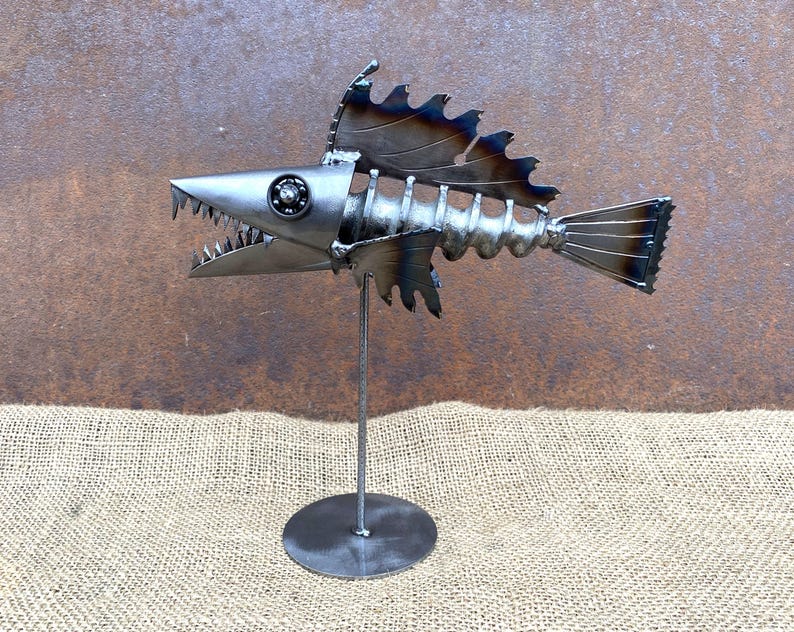 Metal Barracuda Fish Sculpture on Stand: Handmade Recycled Art ...