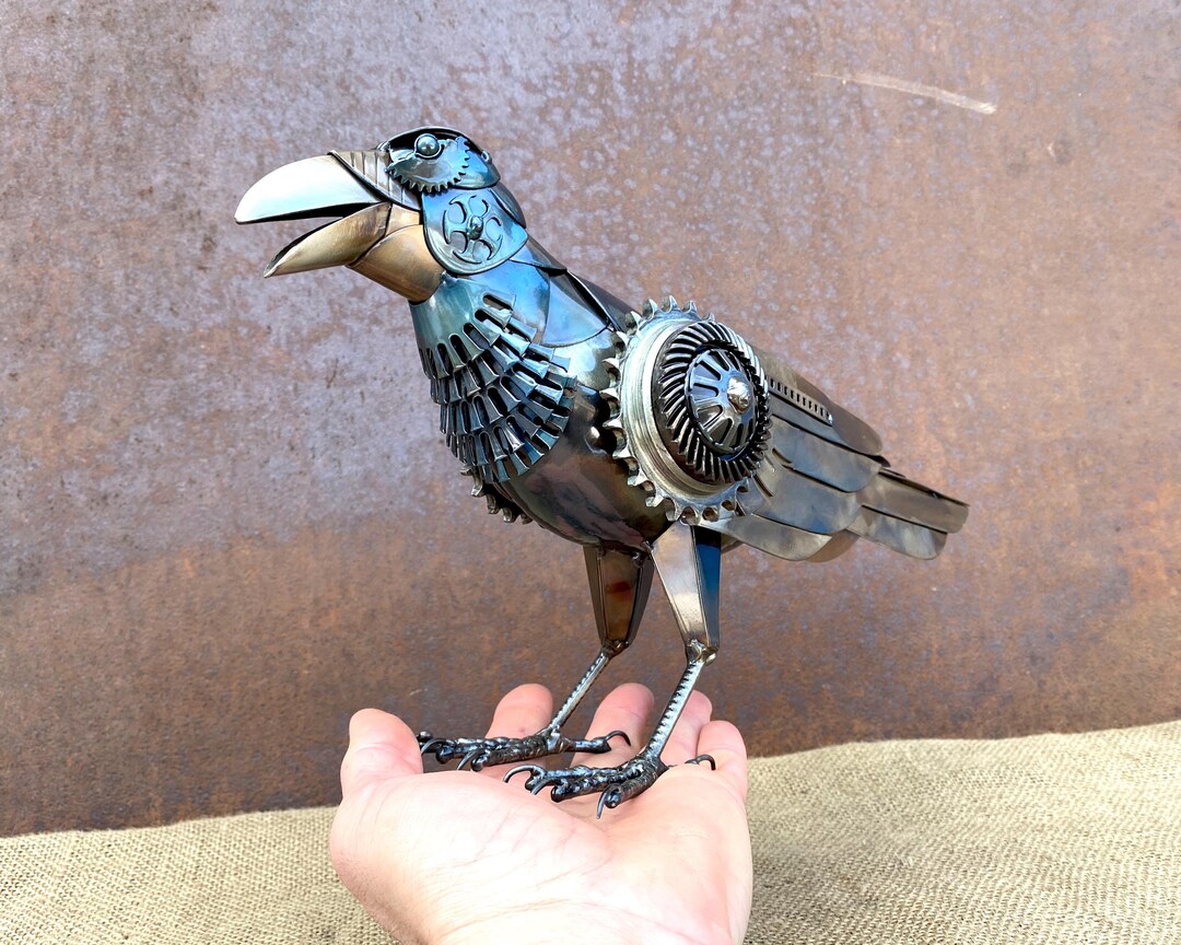 Raven Welded Metal Sculpture – Handmade Crow Statue, Metal Art ...