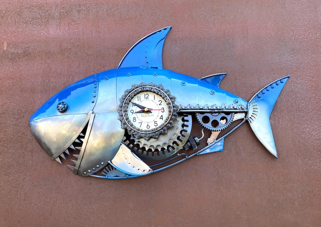 Steampunk Sculpture Shark Wall Clock: Recycled Metal Fish Sculpture ...