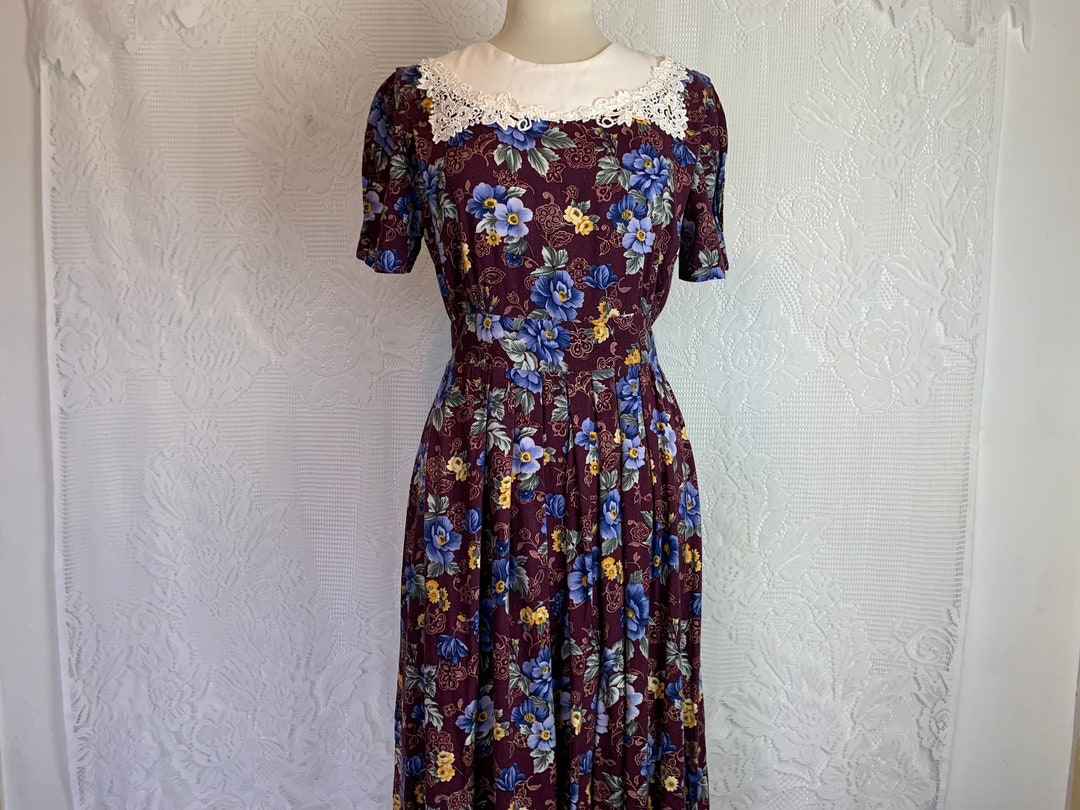 Dark Academia Floral Dress 90s Frock With Macrame Lace Boat Neck ...