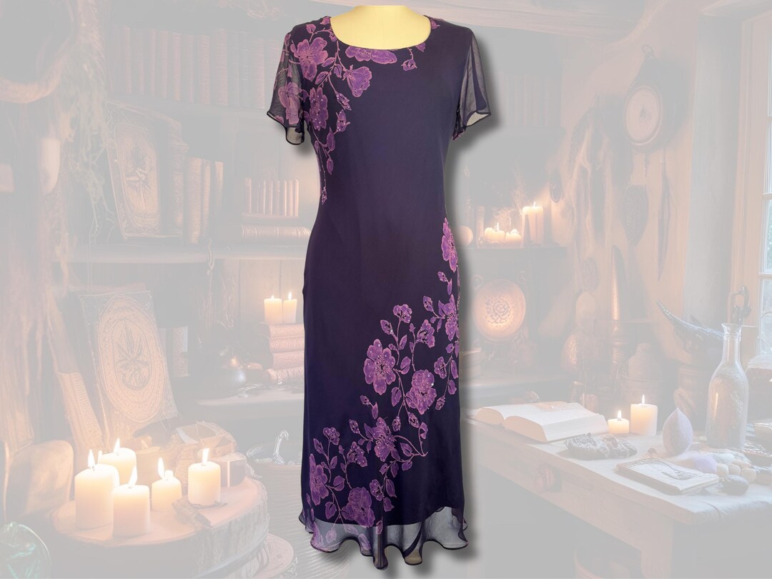 Whimsigoth Dress Witchy Purple Floral Bias Cut Beaded With Chiffon ...