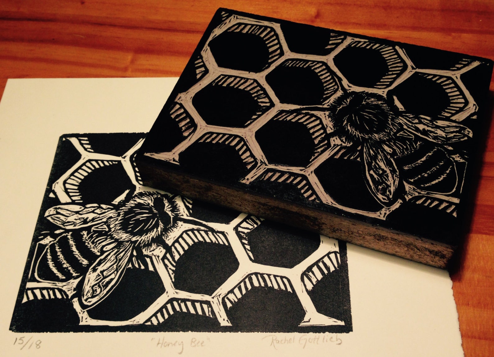 Honey Bee Linocut Art Print to Benefit the Honeybee | Etsy