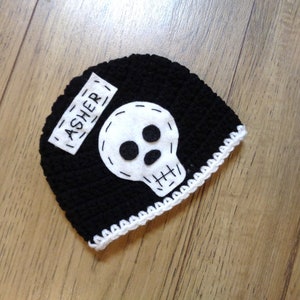 Black Skull Stocking Cap With Name, Crochet MADE TO ORDER Halloween Hat ...