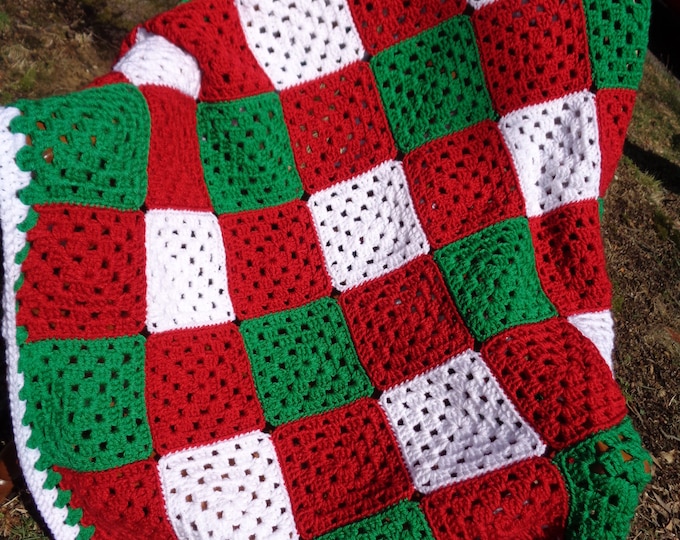 RESERVED Christmas Blanket, Crochet Granny Square Afghan, Red, Green ...