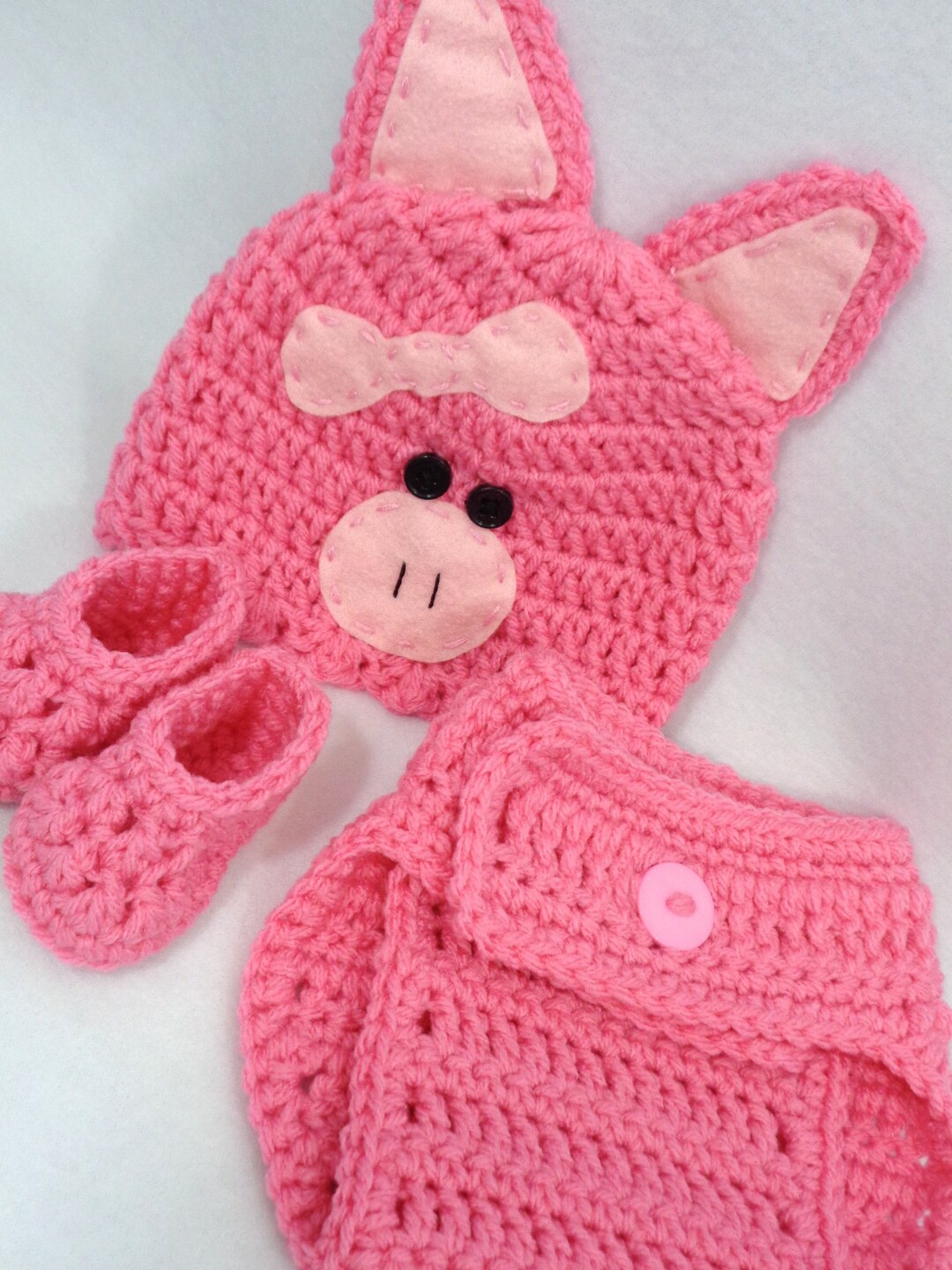 Little Pink Pig Cap With Diaper Cover and Booties, Piggy Baby Hat ...