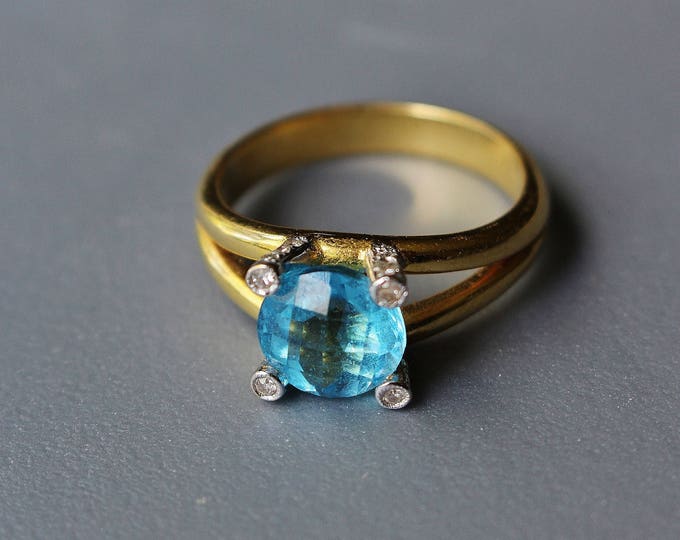 1980s 80s Retro 18K Yellow and White Gold Engagement Ring Blue Topaz ...