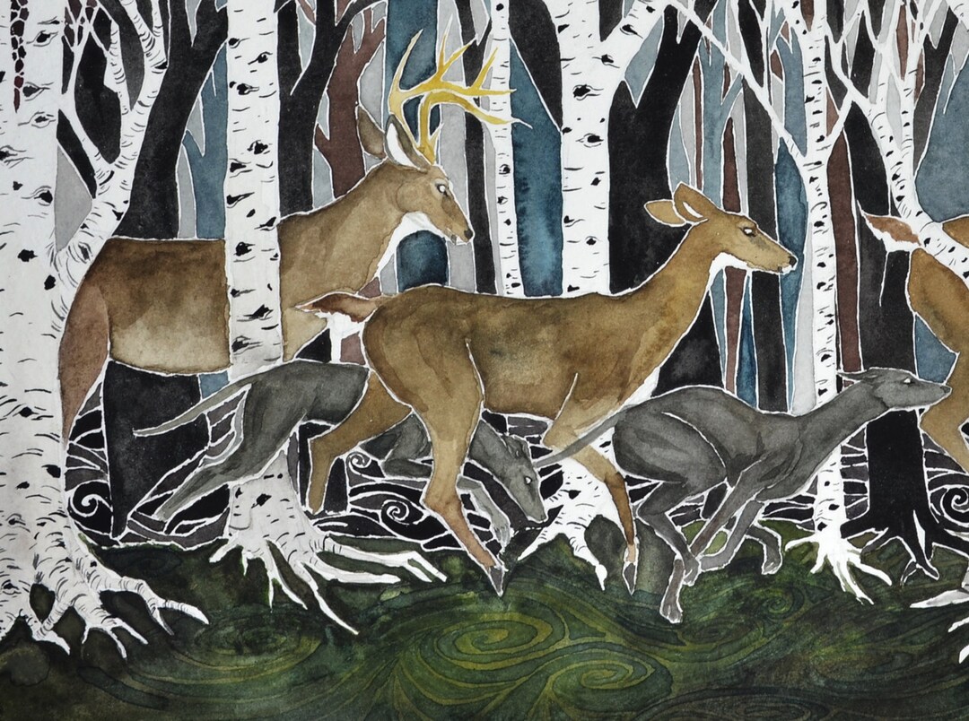 Run - PRINT of Original Art. Whitetail Deer, Greyhounds, Birch Trees - Etsy