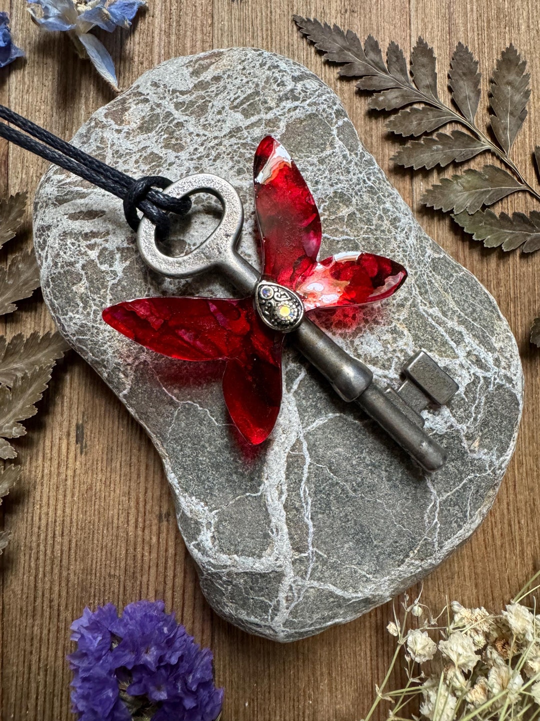 Red Keyfly Necklace, Vintage Key, Skeleton Key, Wings, Dragonfly Corded ...