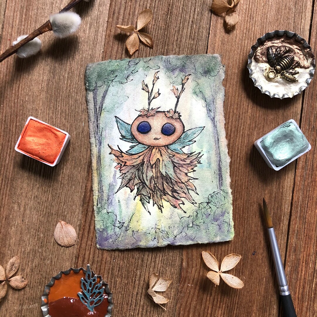 Cute Autumn Spirit Fantasy Art Watercolor Painting ACEO - Etsy