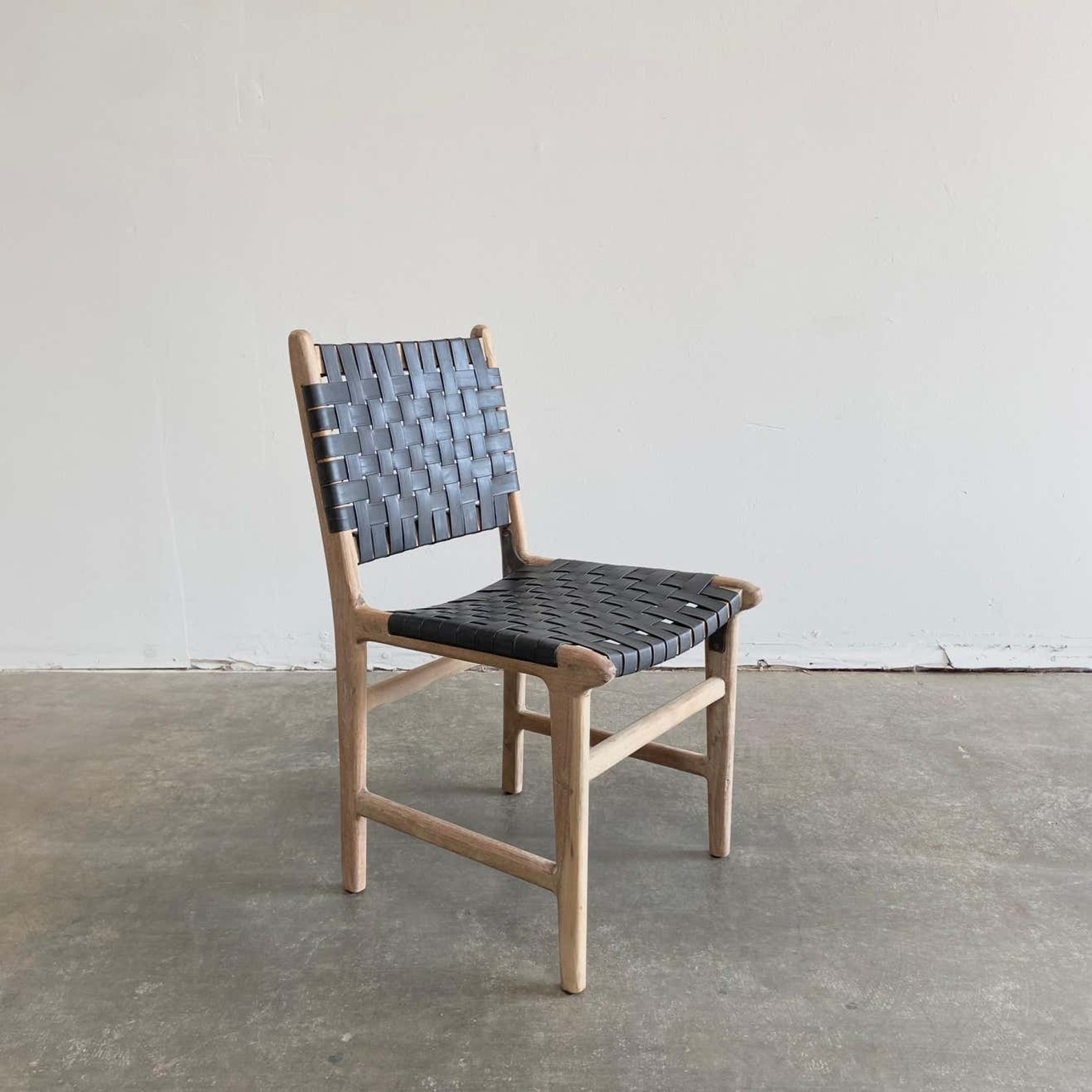 Teak Wood and Black Vintage Leather Woven Strap Dining Chairs - Etsy