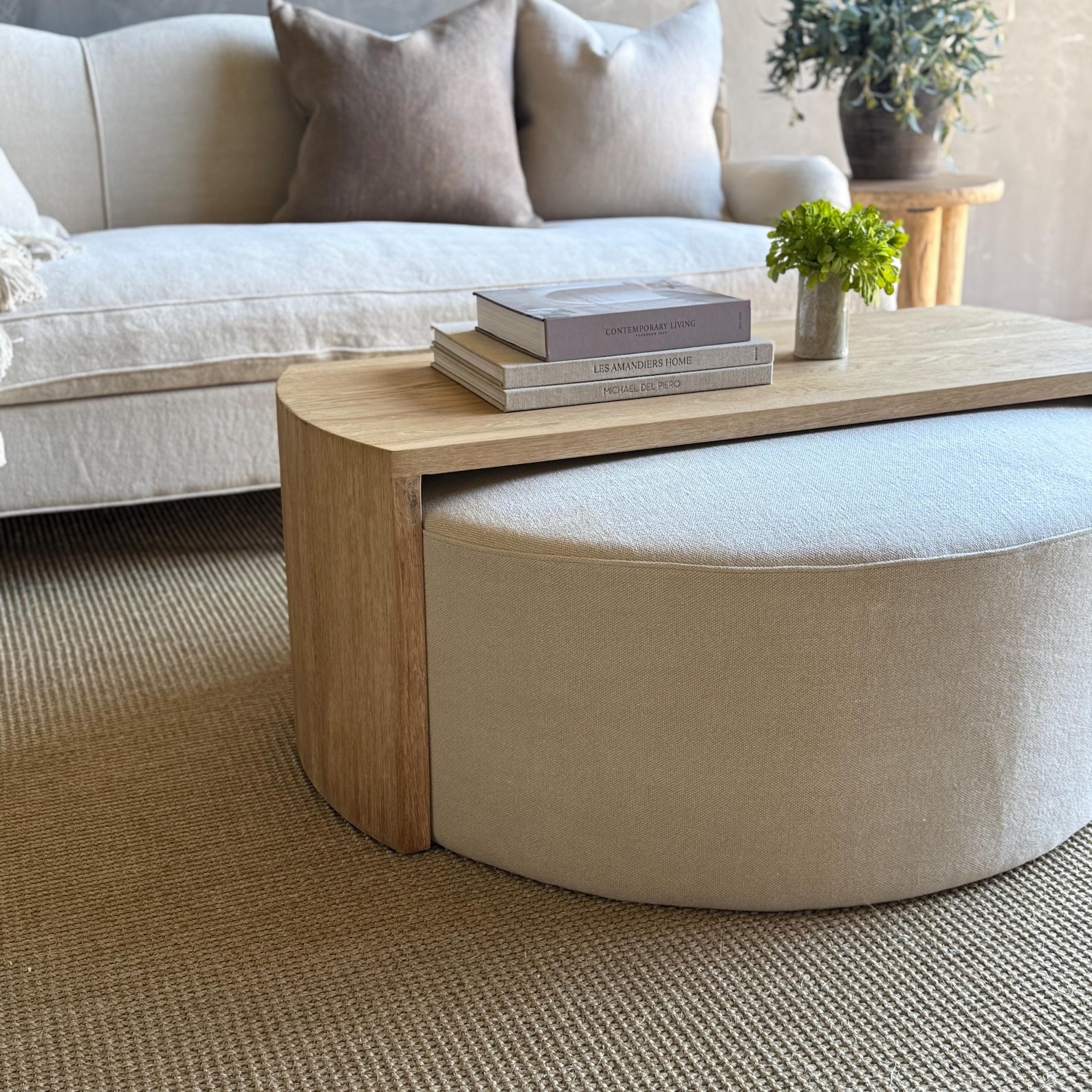 The Laguna Round Ottoman With White Oak Waterfall Style Table - Etsy