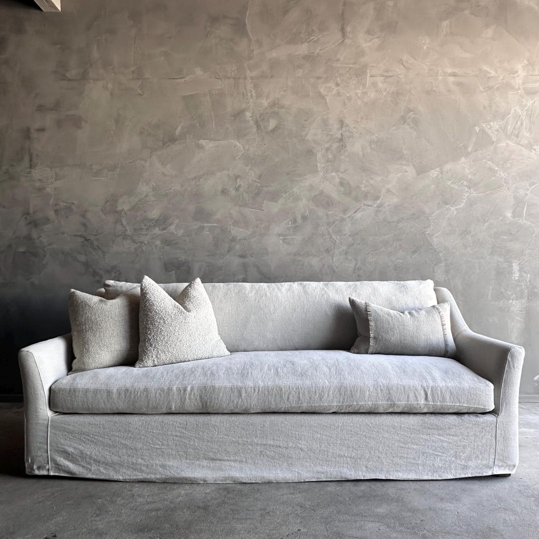 Slip Covered Slope Arm Sofa in Stone Washed Greige Linen With Down ...