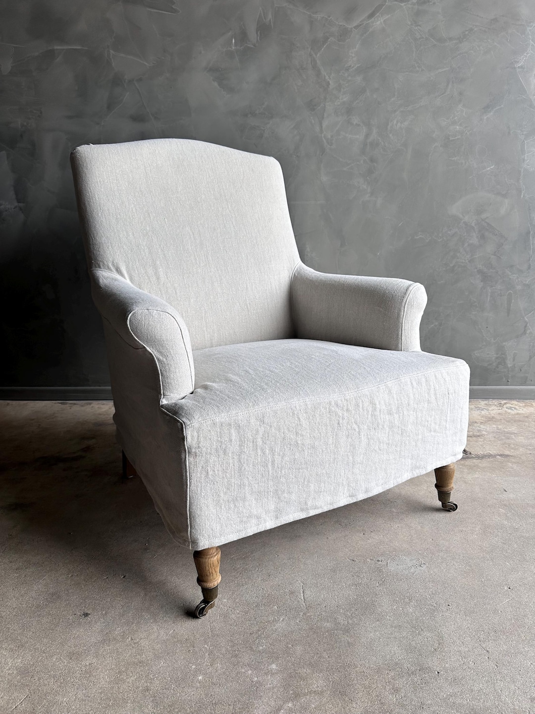 Alma Linen Slip Covered Club Chair With White Oak Legs and Caster Wheels - Etsy