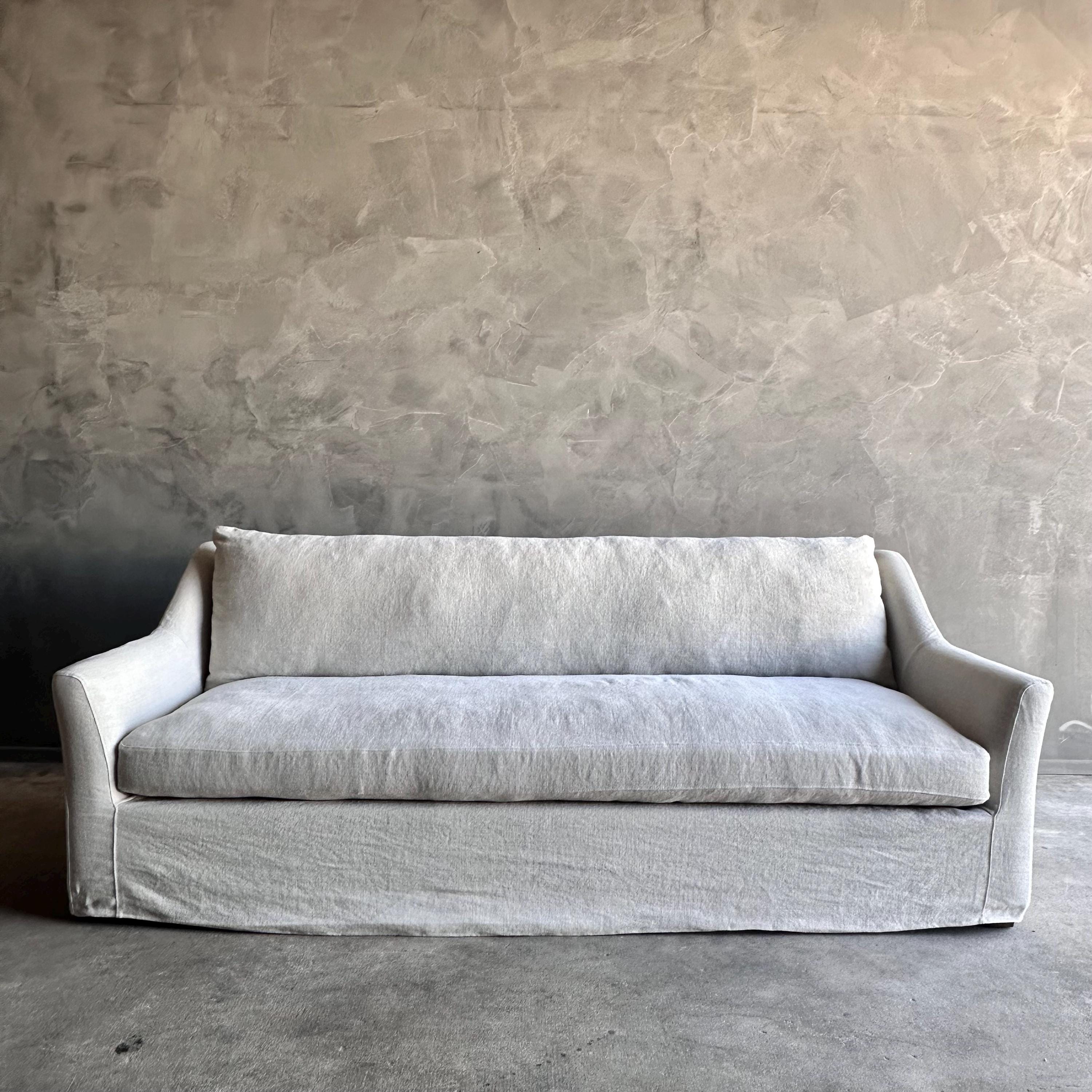 Slip Covered Slope Arm Sofa in Stone Washed Greige Linen With Down ...